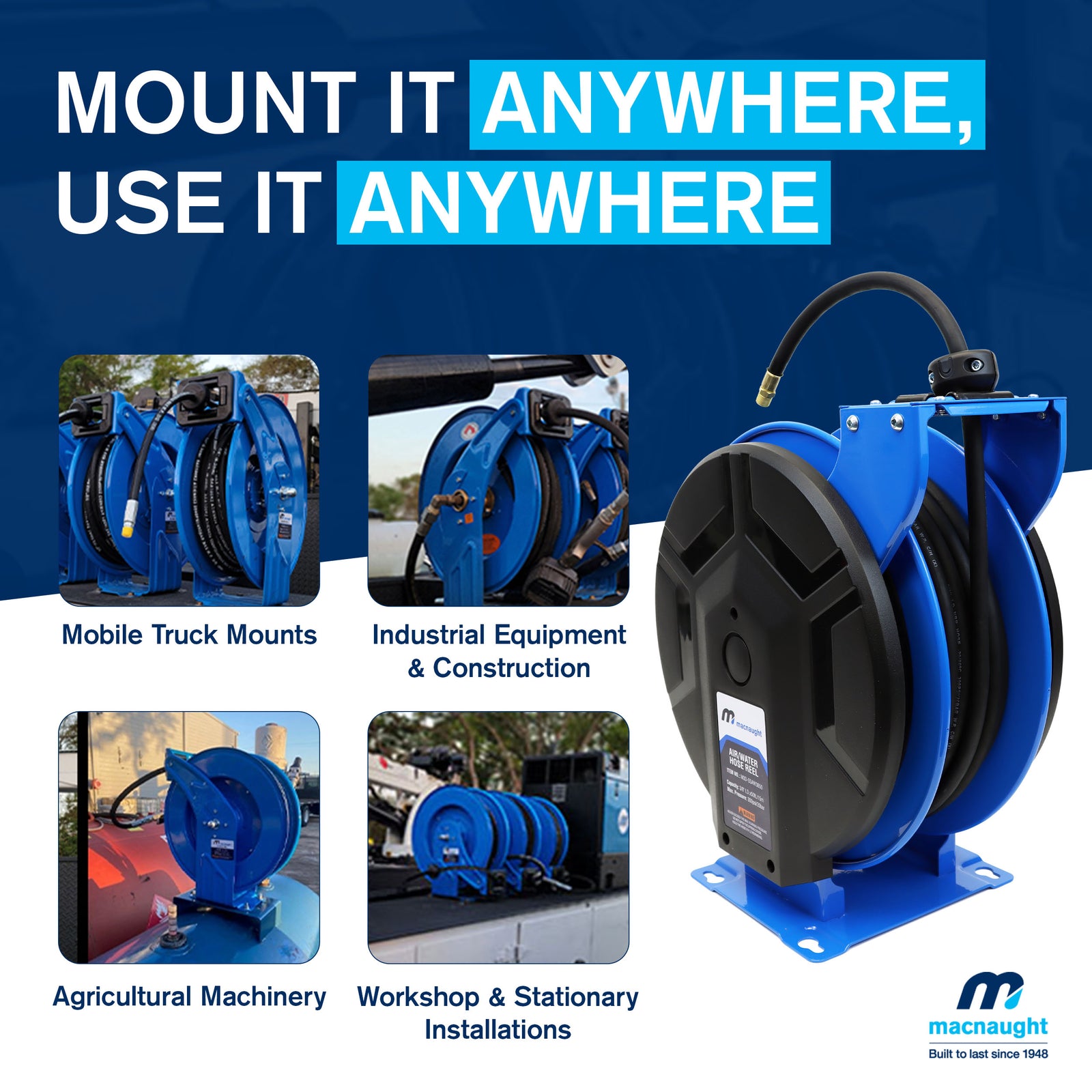 Slow Retraction Water/Air Hose Reel 1/2" x 50ft - Macnaught USA