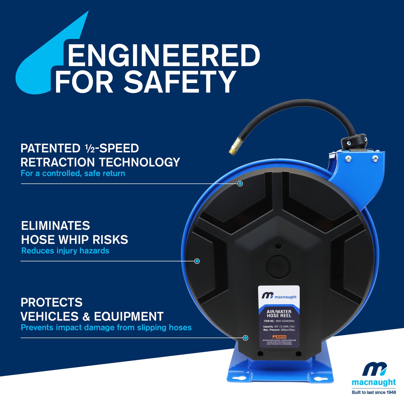 Slow Retraction Water/Air Hose Reel 1/2" x 50ft - Macnaught USA